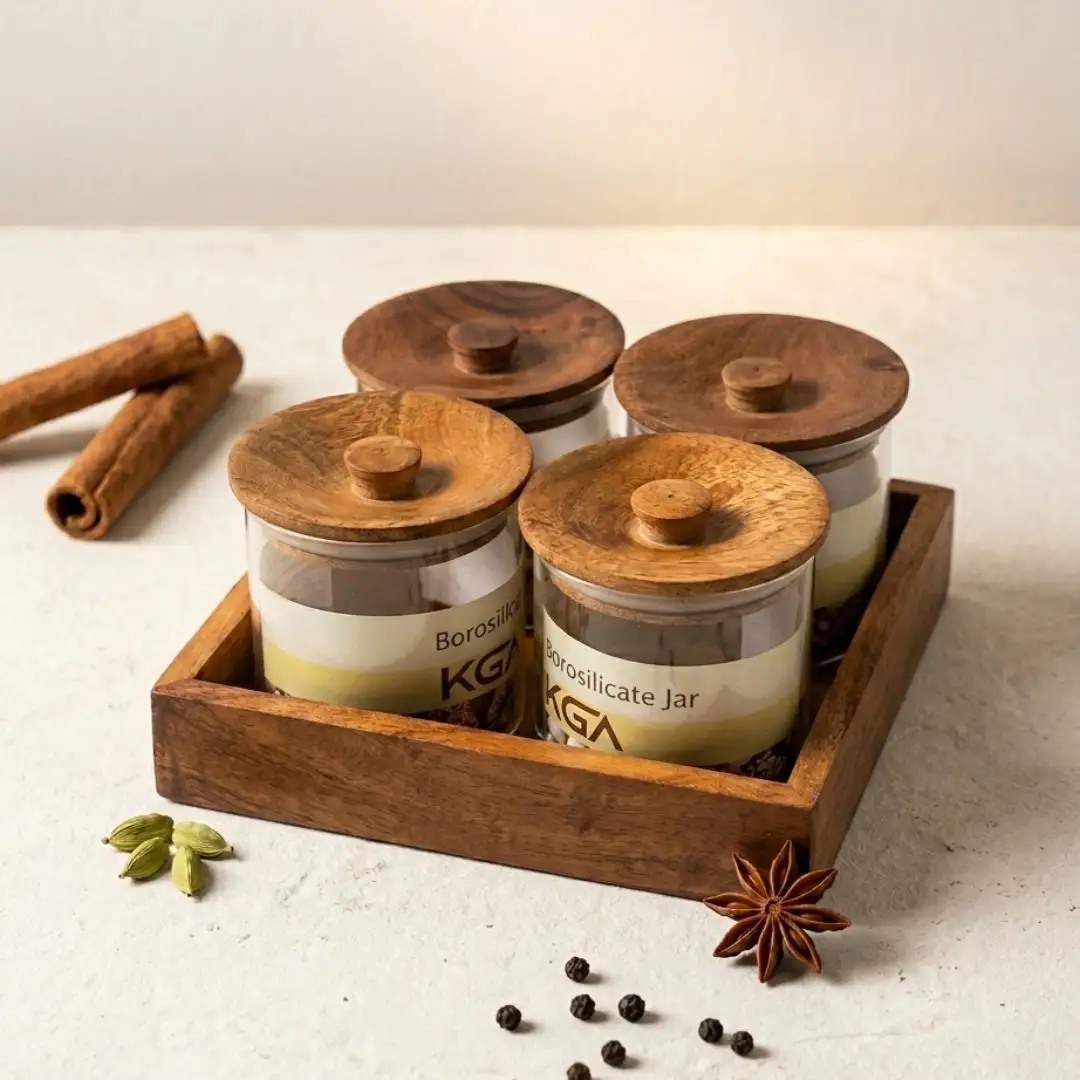 Glass Spice Jars with Wooden Lids 4 Piece Set -Premium Best