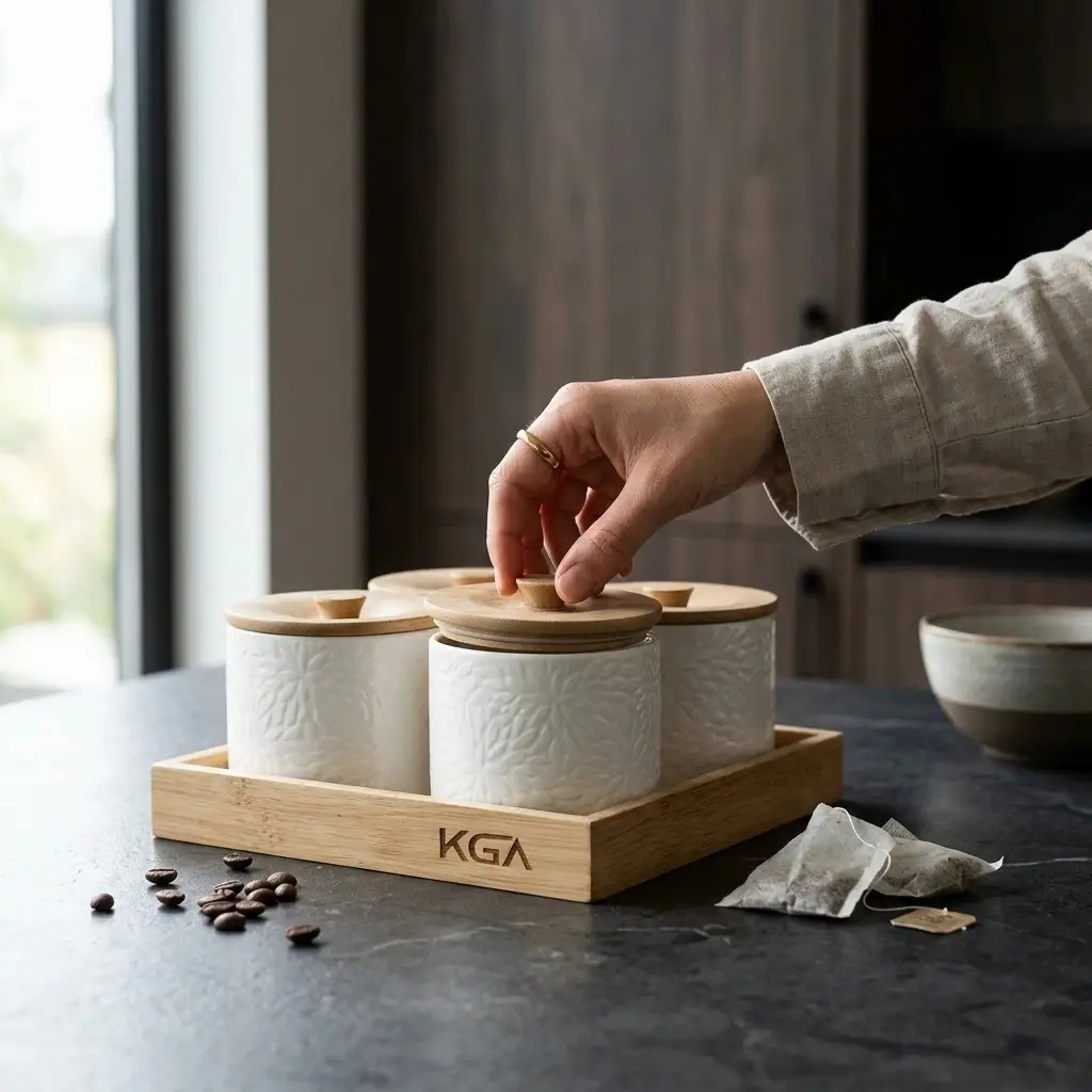 Beautiful Imperio ceramic storage jars 4 piece wooden lid